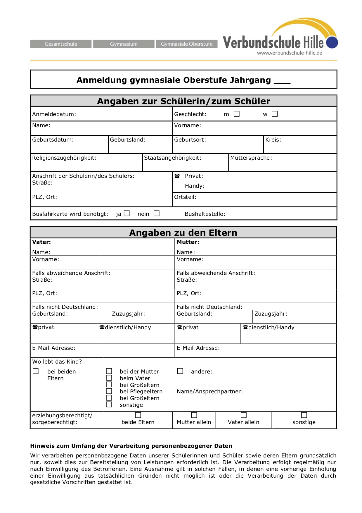 Anmeldung Oberstufe 2019 - Auswärtige - Verbundschule Hille